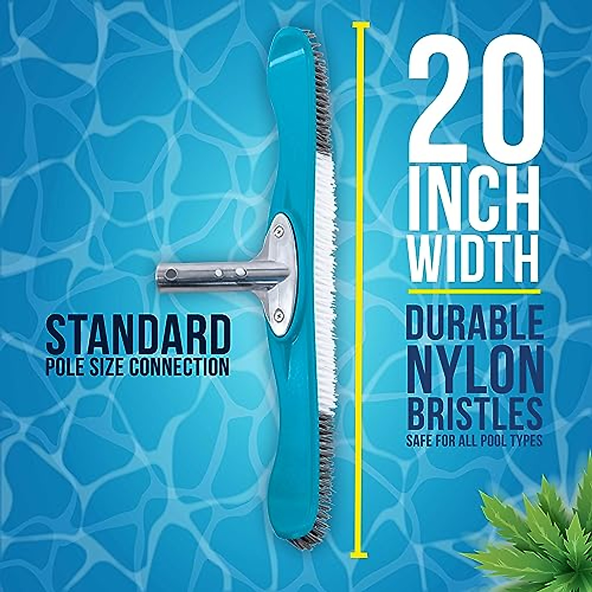 U.S. Pool Supply Professional Heavy Duty 20" Flexible Floor & Wall Pool Brush with Polished Aluminum EZ Clip Handle - Curved Ends, Durable Nylon Bristles - Sweep Debris from Walls, Floors, Steps