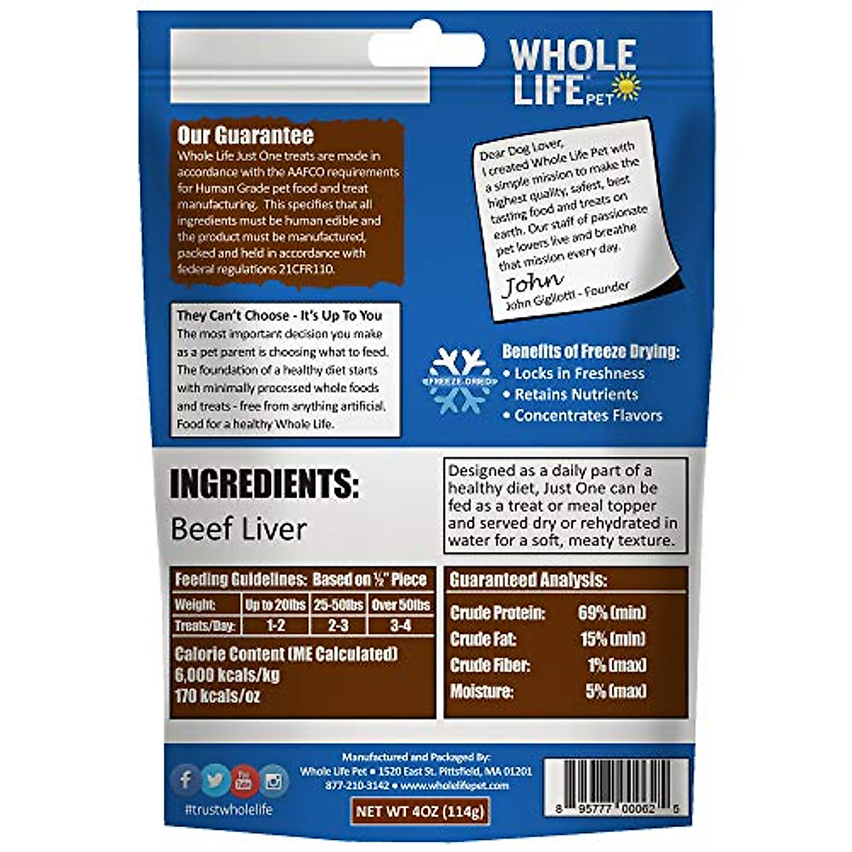 Whole Life Pet Just One Beef Liver Dog Treats - Human Grade, Freeze Dried, One Ingredient - Training Or Reward, Grain Free, Made in The USA