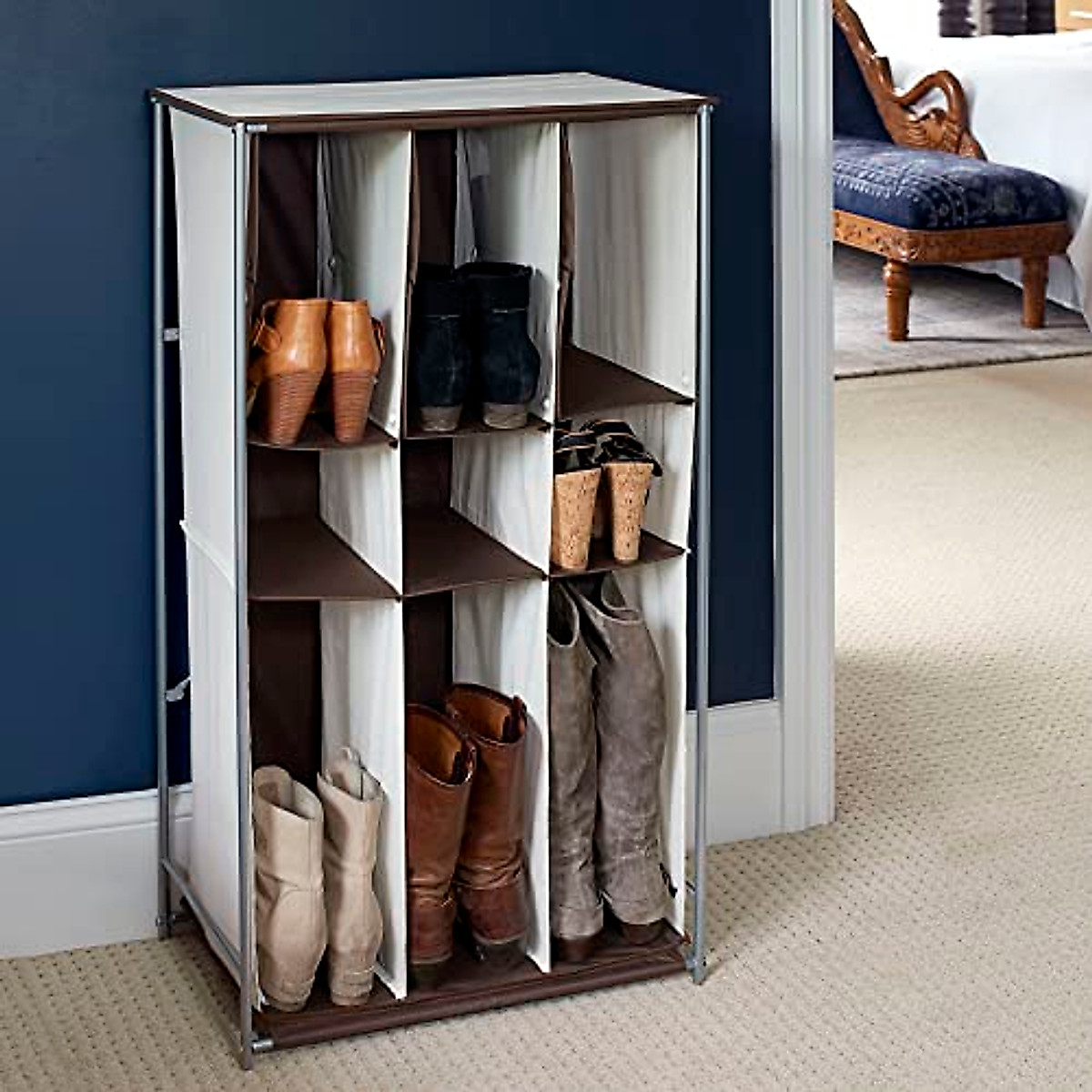 Household Essentials Transformer Boot Storage Rack, Adjustable Cubbies, Soft Poly-Cotton Fabric, Sturdy Steel Frame, Versatile and Stylish, Perfect for Short, Mid and Tall Boots, Natural and Brown