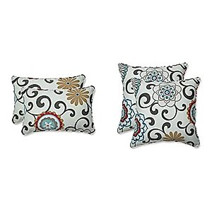 Pillow Perfect Outdoor/Indoor Pom Play Peachtini Lumbar Pillows, 11.5" x 18.5", Blue, 2 Count Outdoor/Indoor Pom Play Peachtini Throw Pillows, 18.5" x 18.5", Blue, 2 Count