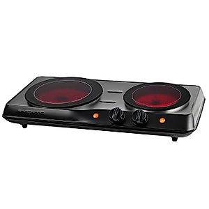 OVENTE Countertop Infrared Double Burner, 1700W Electric Hot Plate and Portable Stove with 7.75" and 6.75" Ceramic Glass Cooktop, 5 Level Temperature Setting and Easy to Clean Base, Black BGI102B