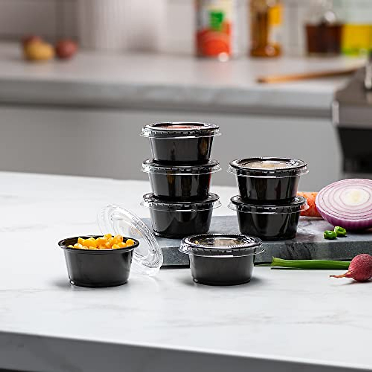 {2 oz - 100 Sets} Black Diposable Plastic Portion Cups With Lids, Small Mini Containers For Portion Controll, Jello Shots, Meal Prep, Sauce Cups, Slime, Condiments, Medicine, Dressings, Crafts, Disposable Souffle Cups & Much more