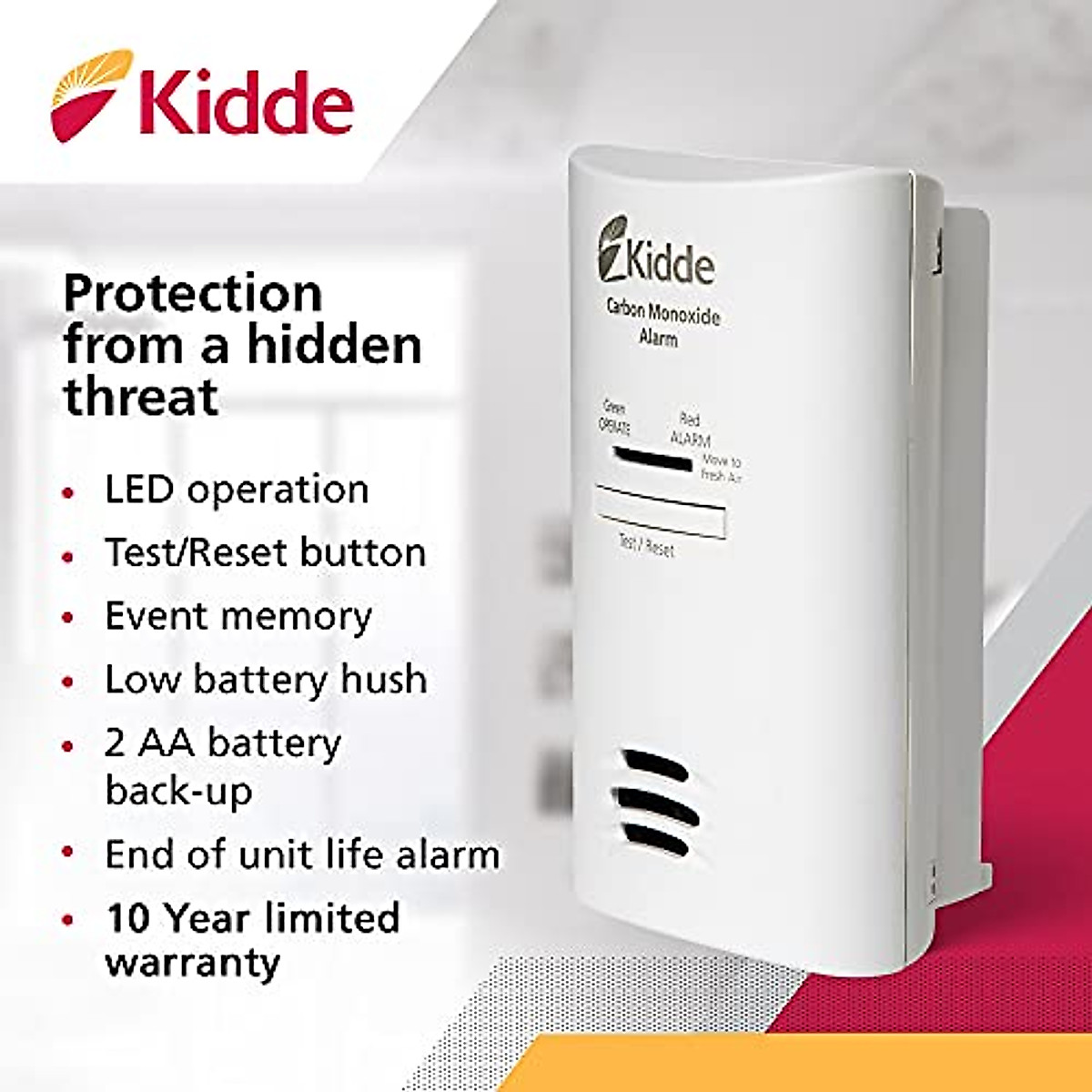 Kidde Carbon Monoxide Detector, AC Plug-In with Battery Backup, CO Alarm with Replacement Alert
