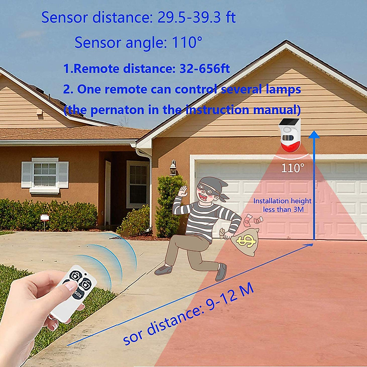 Solar Strobe Light with Remote Controller, Solar Alarm Light with Motion Detector 130db Sound Security Siren 24 Hours+Night Mode+7 Modes IP65 Waterproof for Home, Farm, Barn, Villa, Yard