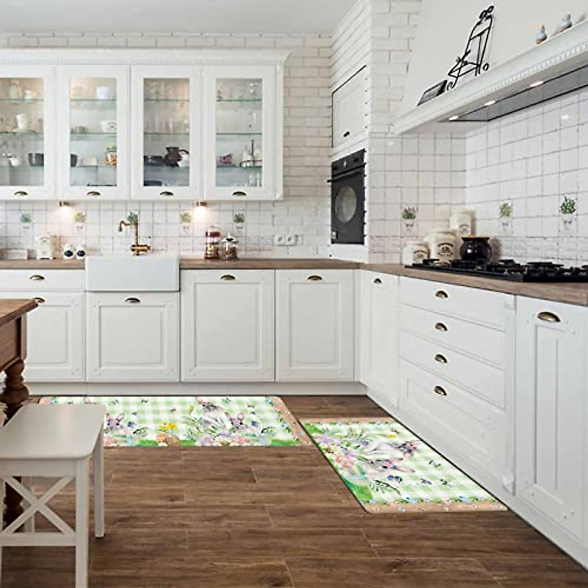 Greday Plaid Green 2 PCS Cushioned Anti-Fatigue Kitchen Mats and Rugs,Spring Holiday Colored Eggs Easter Egg Bunny Daisy Floral Absorbent 18inchx 30inch+ 18inchx 48inch
