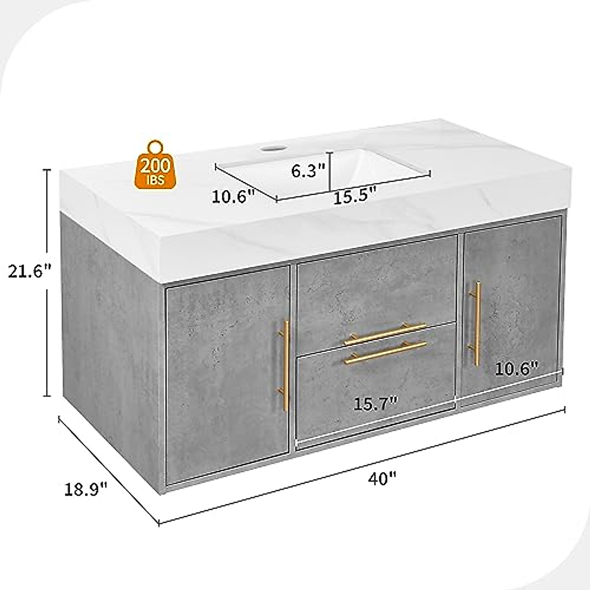 HERNEST Grey Floating Bathroom Vanity 40 Inch Wall Mounted Bathroom Vanity with Rock Panel Countertop and Ceramic Basin Sink Bathroom Cabinet with 2 Drawers and 2 Storage Cabinet for Washroom