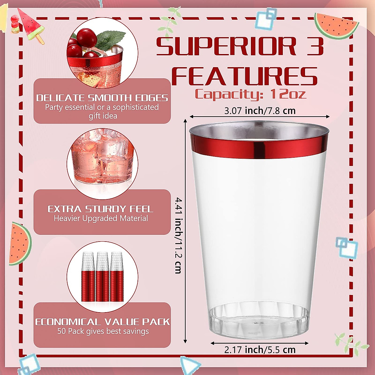 Norme 50 Pcs 12 oz Plastic Cups Disposable Cups 12 oz Plastic Glasses Clear Tumblers with Rim for Birthday Wedding Party Elegant Wine Coffee Cocktail(Red)