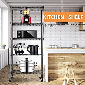 Storage Shelves (Black, 5-Shelf) 5-LAYER FAMILY SHELF, VERTICAL free combination shelf, kitchen, bedroom, garage, study, storage room, with wheels layer shelf, simple American heavy shelf.