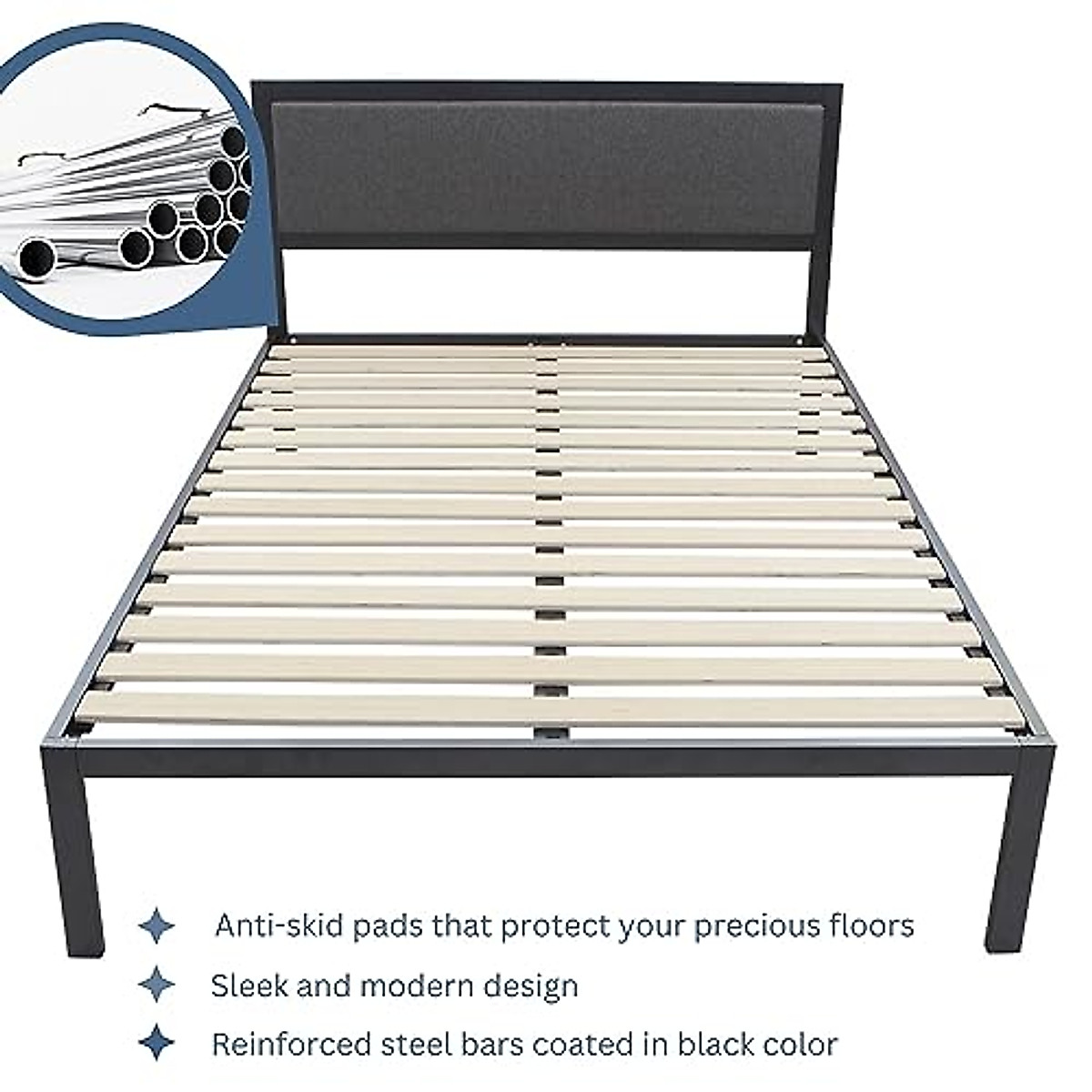 Viscologic Bed Frame, Modern Design with Upholstered Headboard, Metal Frame and Wooden Slat Support, Full