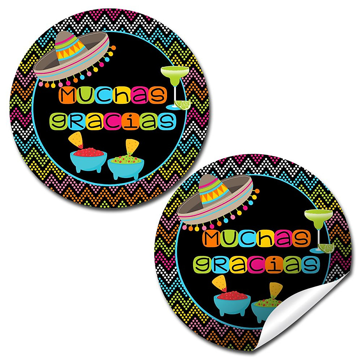Chip, Dip, and Sip Fiesta Thank You Sticker Labels, 40 2" Party Circle Stickers by AmandaCreation, Great for Party Favors, Envelope Seals & Goodie Bags