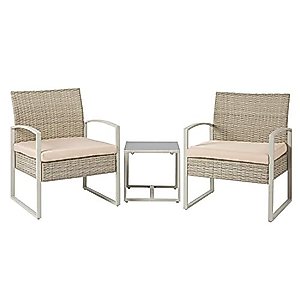Aoxun 3 Pieces Patio Set Wicker Bistro Table Set, Outdoor Patio Furniture Conversation, Two Rattan Chairs with Glass Coffee Table for Terraces Poolsides and Cafes,Gray Beige