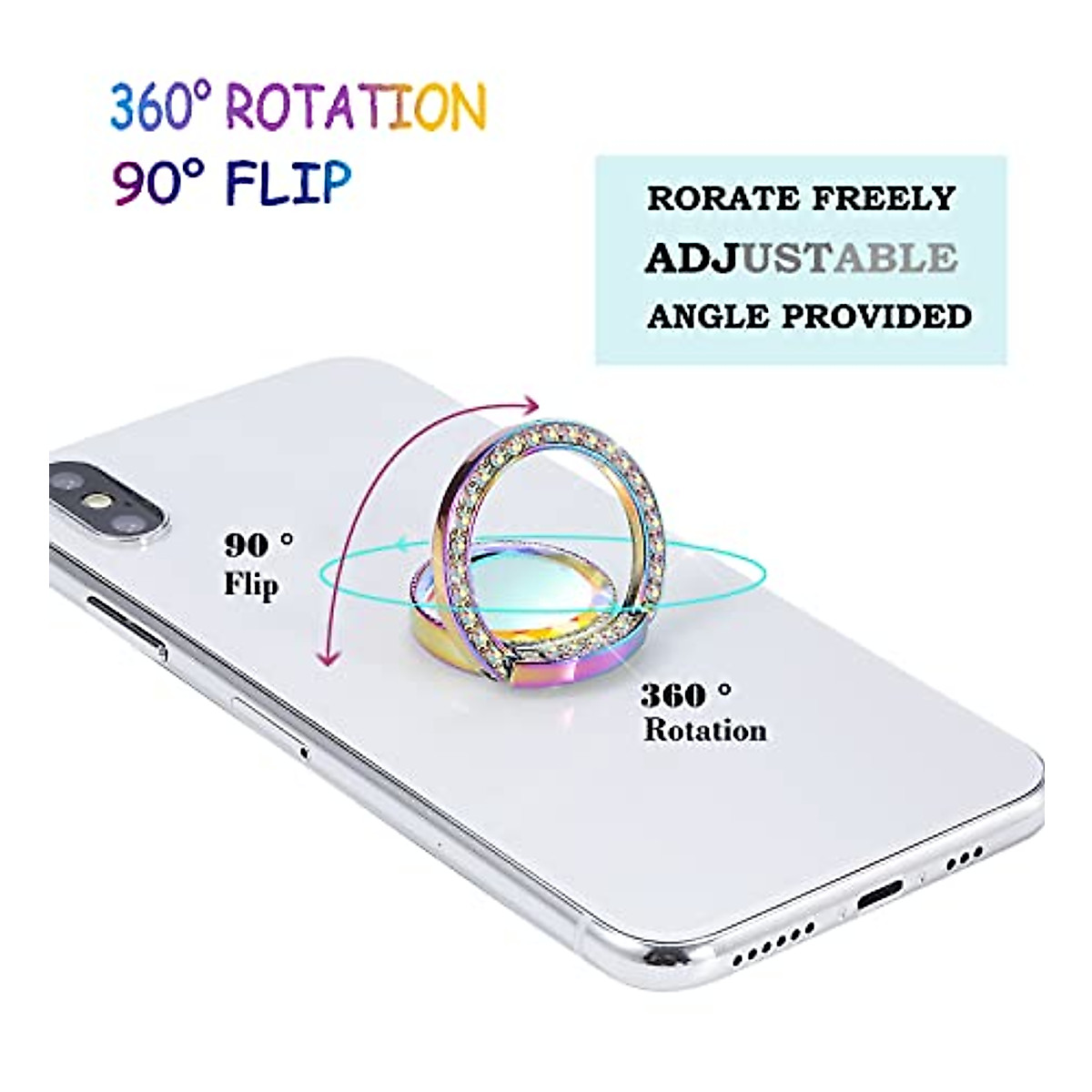 lenoup Iridescent Glitter Bling Bling Phone Ring Holder,Sparkle Phone Ring Grip Artificial Stand with Flat Diamond,Flat Rhinestone Cell Finger Ring for Phones,Pad(Rainbow)