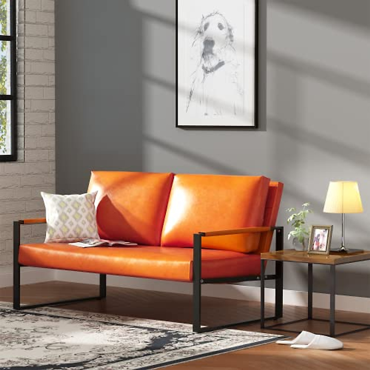 AWQM Faux Leather Sofa,Mid-Century Loveseat Sofa,2 Seat Couch,Classic Sofa Upholstered with Removable Back/Seat Cushion,Armchair/Lounge Chair for Living Room,Office and So on,Orange