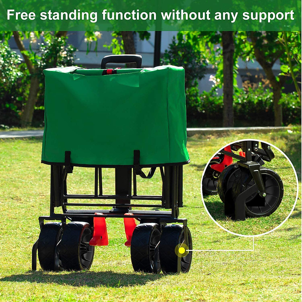 BEAU JARDIN Collapsible Folding Beach Wagon Cart Foldable All Terrain Wagon with Brake Free Standing Utility Camping Grocery Portable Rolling Outdoor Garden Sport Heavy Duty Shopping Push Green