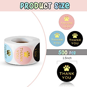 500 Pieces Paw Print Thank You Labels Stickers 1.5 Inch Round Dog Paw Print Stickers Gold Foil Thank You Labels Small Business Stickers Self-Adhesive Appreciation for Bags Cards Package Party