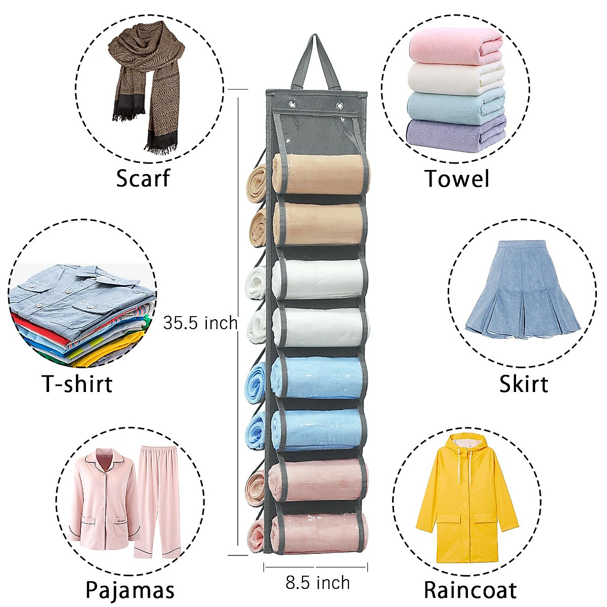 Leggings Storage Hanging Organizer,Storaging Hanger Roll Rack Holder for T-Shirt Jeans Gym Pants,RV Portable Closets Space Saver (Gray, 16 Compartments x 2Pack)