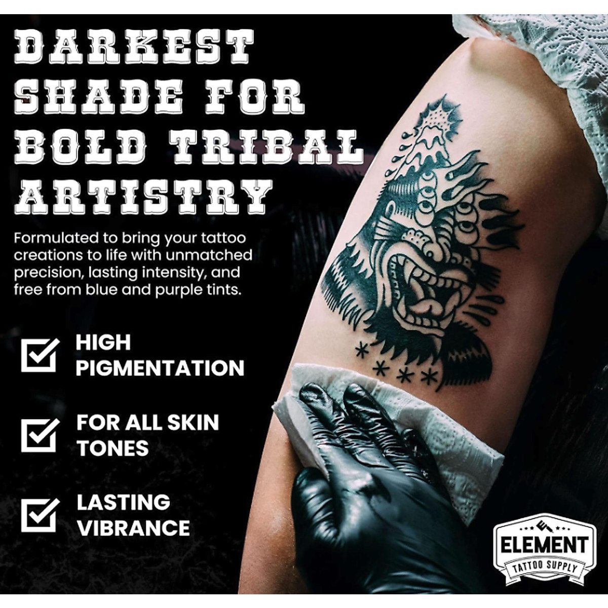 ELEMENT TATTOO SUPPLY - Premium Black Tattoo Ink - Professional Tattoo Ink & Supplies for Outlining, Shading, & Blending - Tribal Tattoo Ink - Permanent Nighthawk Black Ink Tattoo - 1/2 oz Bottle