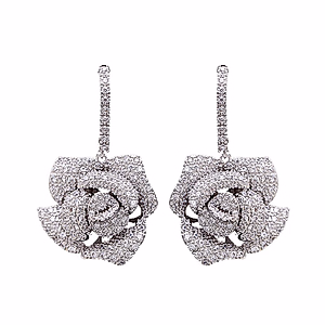 Huggie CZ Flower Dangle Stud Earrings for Women Girls with Charms Fashion Luxury Pave Rhinestone Filigree Camellia Rose Dainty Crystal Drop Dangling Wedding Prom Jewelry Dainty Gifts Valentine Mother's Day (Clear)