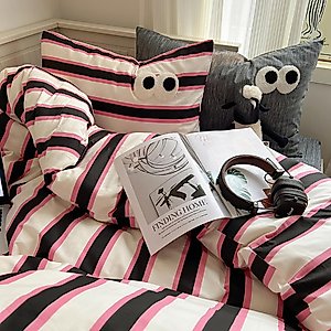 Striped Double Duvet Cover Set Four Piece Suit, Cotton Striped Complete Bedding Sets Super Soft Bed Sheet Sets Whit 1Duvet Cover 2 Pillowcases 1 Sheet,Pink,Twin
