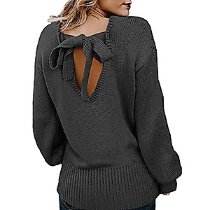 Dokotoo Crewneck Fall Sweaters for Women Long Sleeve Cut Out Backless Soft Tie Knot Knitted Pullover Casual Loose Gray Jumper Tops S