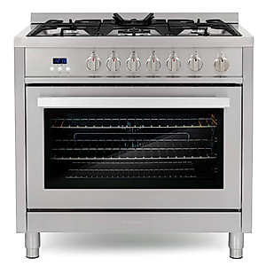 COSMO COS-965AGFC 36 in. Nebula Collection 3.8 cu. ft. Gas Range, 5 Burners, Rapid Convection Oven, Cast Iron Grates in Stainless Steel
