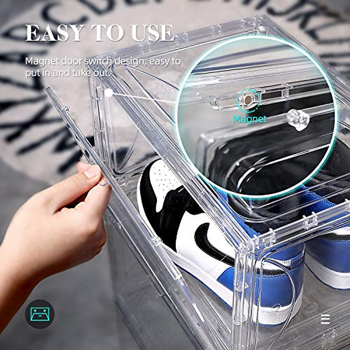 Zoknes Storage-Stackable shoe box Organizer-Containers shoe box with magnetic suction plastic transparent shoe box side shoe display box Stackable Shoe with Clear Door for Sneakers,3-pack