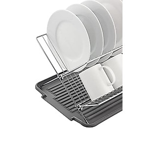 J&V TEXTILES Foldable Dish Drying Rack with Drainboard, Stainless Steel 2 Tier Dish Drainer Rack, Collapsible Dish Drainer, Folding Dish Rack for Kitchen Sink, Countertop, Cutlery, Plates (Gray)