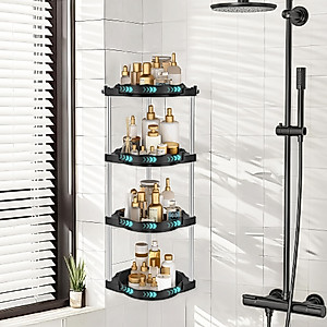 MOSAMNI Corner Shower Caddy Standing, 4-Tiers Rotating Shower Organizer Shelves Stand with Hooks, Large Floor Shower Shelf Bath Holder Rack Storage for Home Bathroom Kitchen Decor, Black