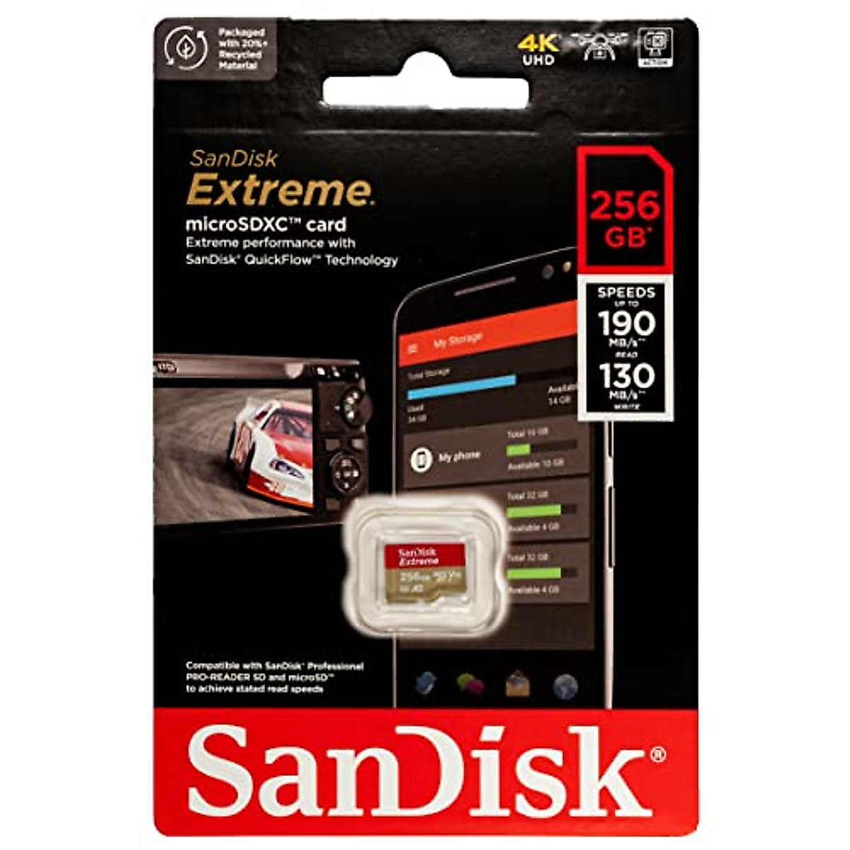 SanDisk Extreme 256GB V30 A2 MicroSDXC Memory Card for DJI Works with Mavic Air 2 Drone 4K 8K Bundle with (1) Everything But Stromboli MicroSD Reader