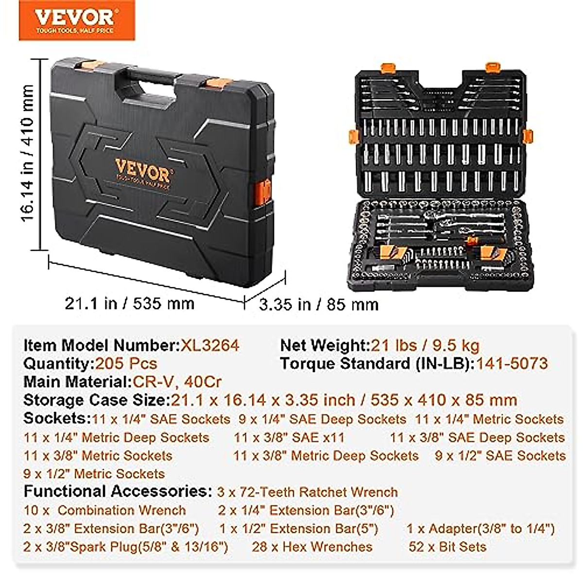 VEVOR Mechanics Tool Set, 205 Pcs SAE and Metric Sockets, 1/4" 3/8" 1/2" Drive Deep and Standard Sockets, Chrome Vanadium Steel, Polyethylene