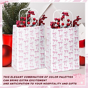 Kolldenn 16 Pcs Coquette Pink Bow Paper Gift Bags Women Birthday Christmas Party Favor Bags with Handles Goodie Candy Bags for Pink Bridal Engagement Party Supplies 8.3 x 5.9 x 3.1 In(Small Pink Bow)