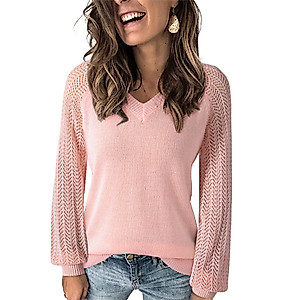 Dokotoo 2025 Fall Sweaters for Women Trendy V Neck Long Puff Sleeve Solid Color Hollow Out Fashion Casual Loose Plain Cable Knit Sweater Pullover Jumper Outerwear Pink Medium