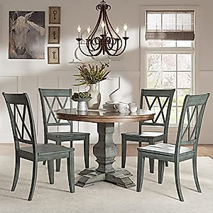Inspire Q Eleanor Round Solid Wood Top Double X Back 5-Piece Dining Set by Classic Oak and Sage Green Table with Chairs Antique