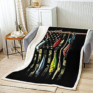 Fishing Lure Throws Blanket,Green Camouflage American Flag Sherpa Blanket for Girls Teens, Camo Fish Print Fisherman Gift Microfiber Fleece Blanket Room Decor, Throw Size (50 x 60 Inch)