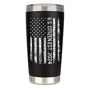 JENVIO New US Citizen Gifts 2024 | 20oz Steel Travel Tumbler for Coffee or Cold Drinks 2 Lids 2 Straws and Gift Box and Card | American Flag Citizenship Congratulations Mug Valentine's