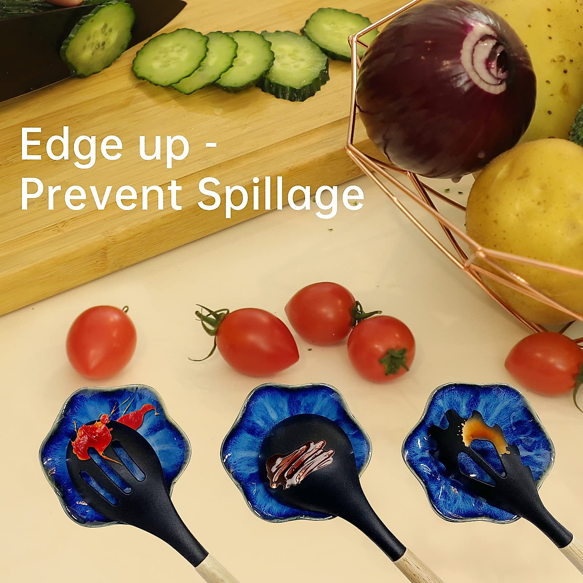 Spoon Rest for Stove Top with Holder 3pcs, TIGERMILLION Heat-Resistant Cooking Utensil Rest, Tea Spoon Rest, Ideal Gift For House Warming Gifts, Dishwasher Safe, Blue