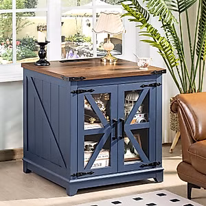 Joaxswe Farmhouse End Table with Charging Station, 24" Large Sofa Side Table with Glass Barn Door, Blue Nightstand with Adjustable Storage Shelf,Wood Square Bedside Table for Living Room,Bedroom