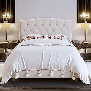 King Size Linen Upholstered Platform Bed Frame with Tufted Headboard for Boys Girls Teens Adults, Noise Free, No Box Spring Needed, Under Bed Storage (King)