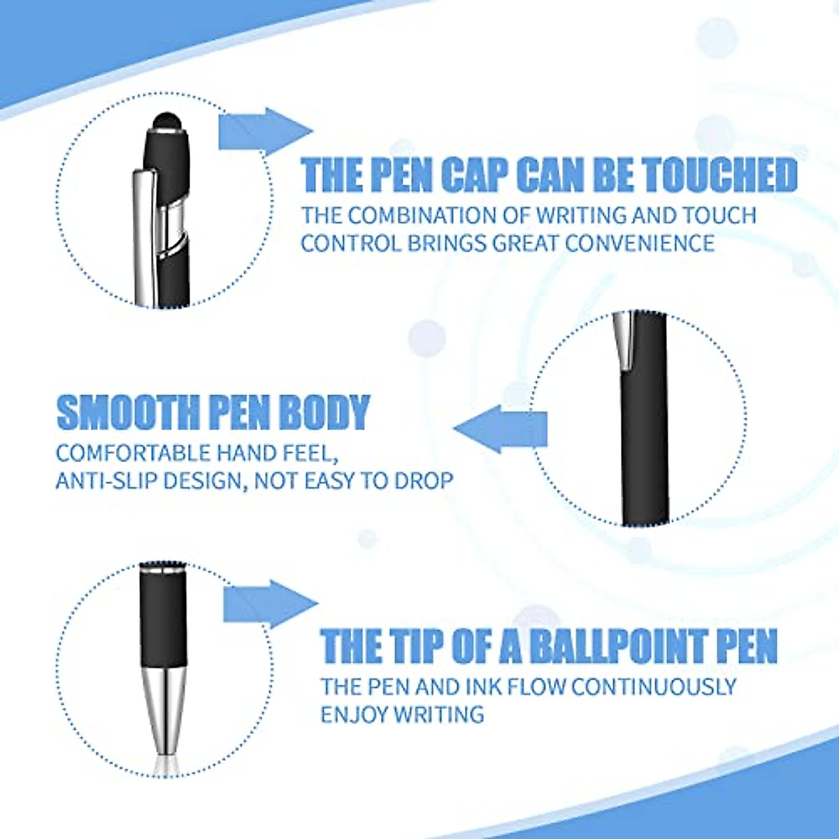 Lragvtbk 8 Pcs Blue Ink Ballpoint Pen with Stylus Tip 2 in 1 Stylus Ballpoint Pen Metal Pens Stylus Pen for Touch Screens School Office Coworkers (Black)