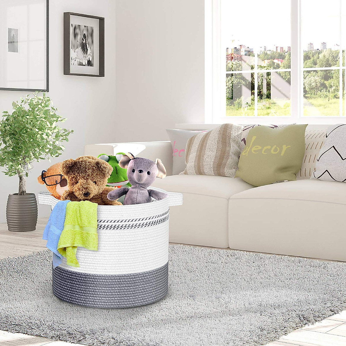 Large Laundry Basket, Cotton Rope Basket, Woven Nursery Hampers, Blanket Basket Living Room, Toy Storage Baskets with Handles, 100% Natural Cotton Woven Baskets for Storage, Decorative Clothes Hamper