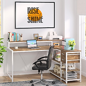 Tribesigns Reversible 55-inch L Shaped Desk with Drawer, Modern L Corner Desk Home Office Table with Storage Shelves and Monitor Stand, Rustic Wooden and Metal PC Table for Small Space (Oak)