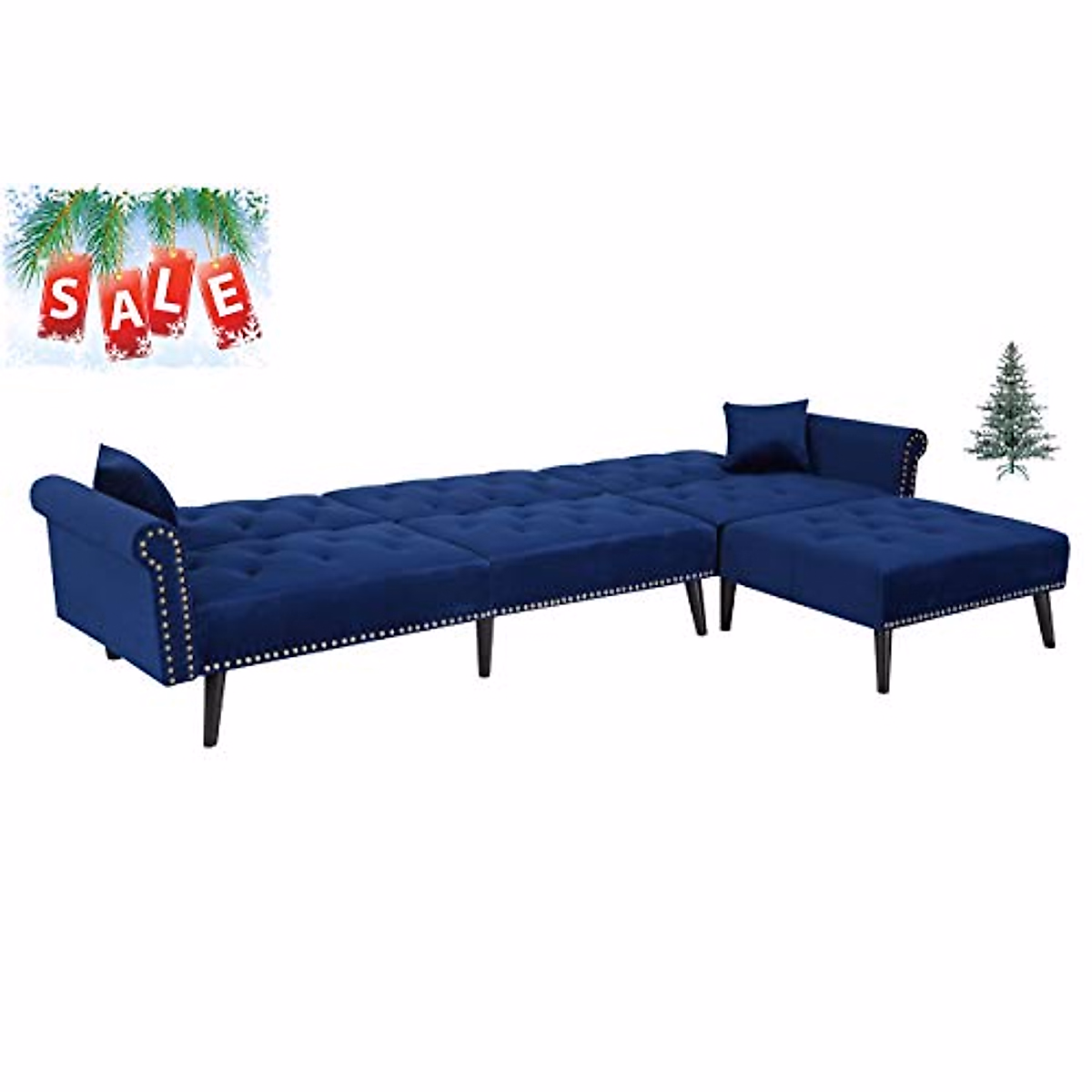 Zushule Convertible Sectional Couch with Chaise Lounge for Living Room, comfy Velvet fabric L-Shaped reversible reclining sofa with 3 seats and pillows, for small apartment and spaces - (Navy Blue)