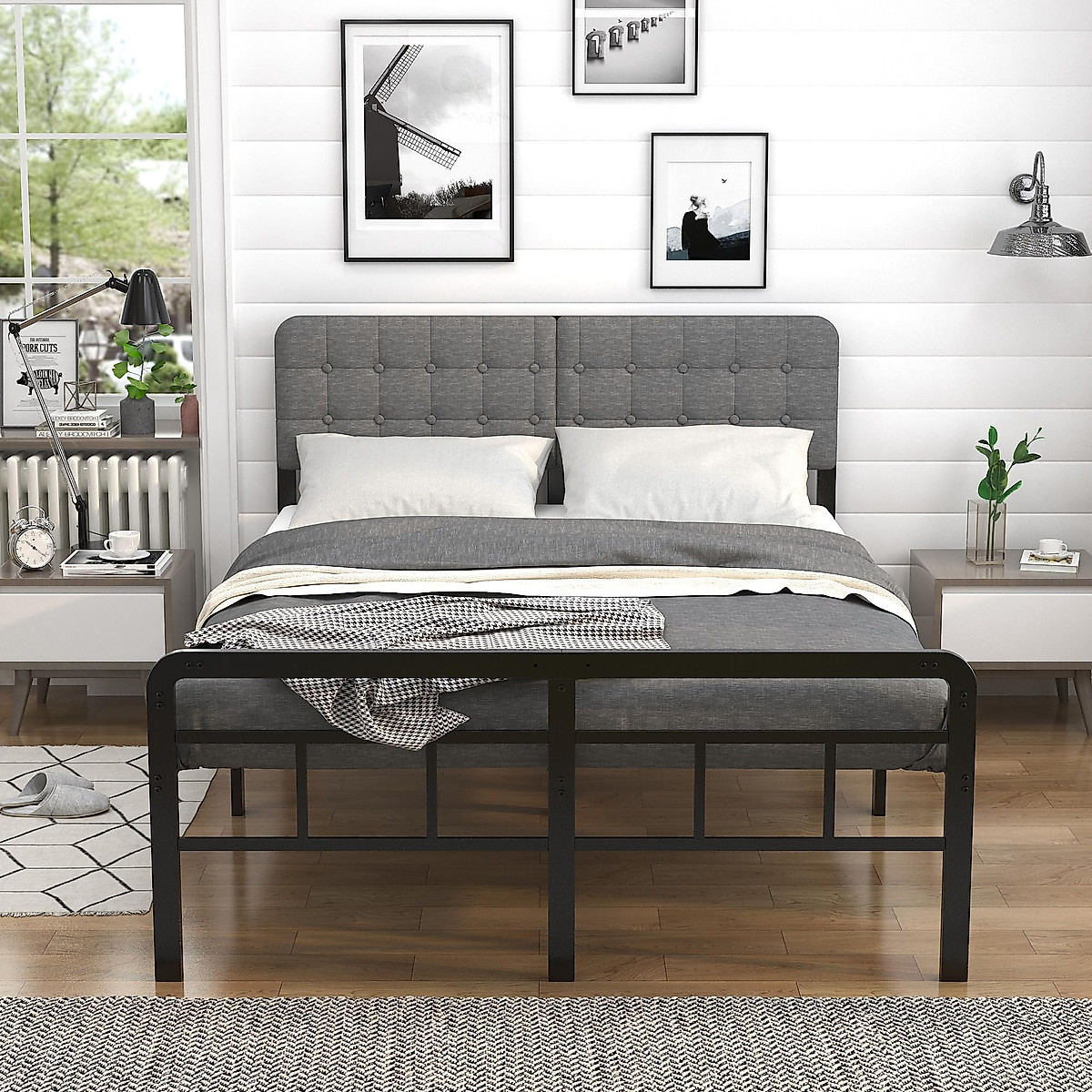 EMODA 16 Inch Queen Bed Frame with Upholstered Headboard and Metal Footboard, Heavy Duty Metal Slats Support Mattress Foundation, No Box Spring Needed, Easy Assembly