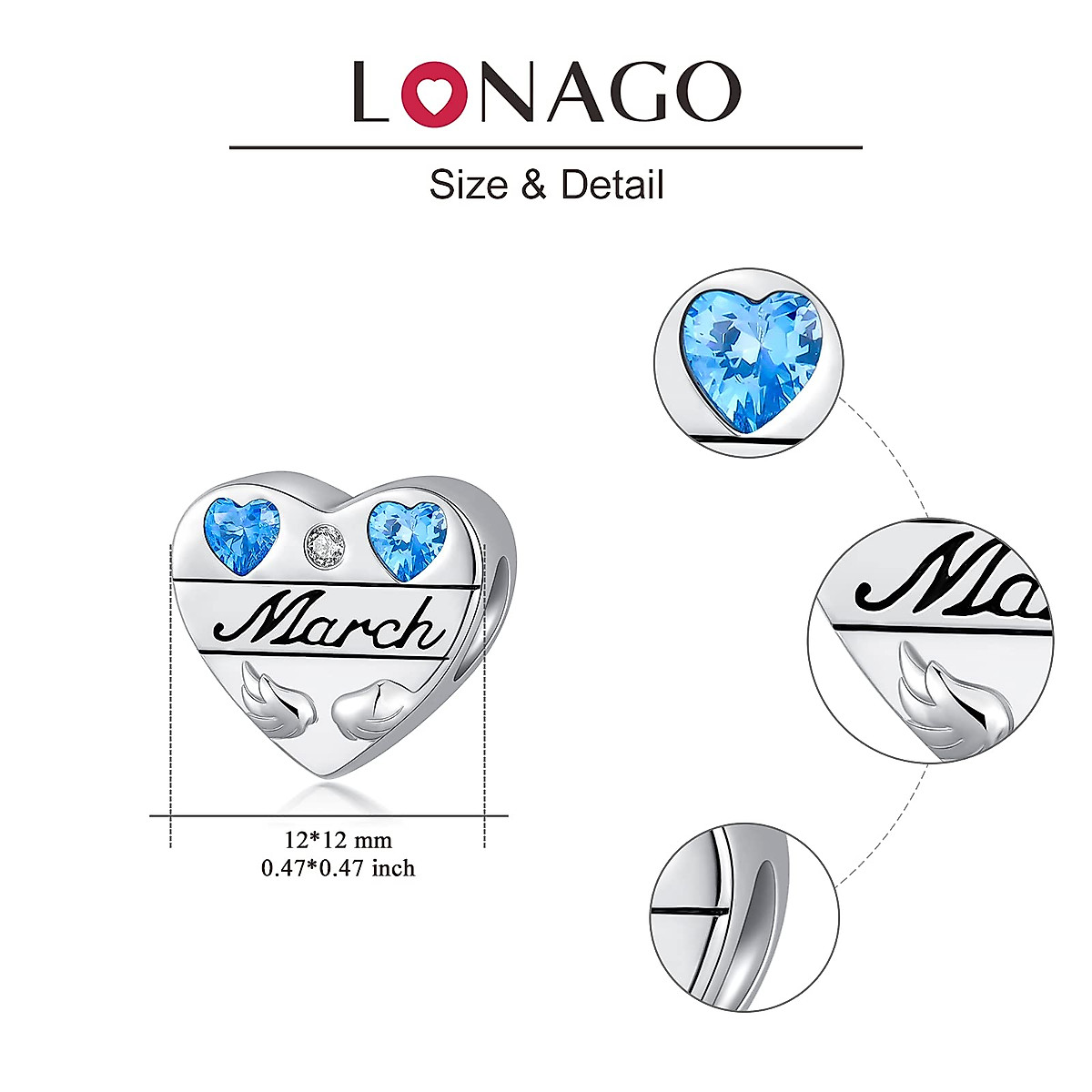 LONAGO Personalized Birthstone Heart Photo Charm 925 Sterling Silver Customized Image Picture Bead Simulated Gemstone Fit Snake Bracelet Happy Birthday Gifts for Women (3)