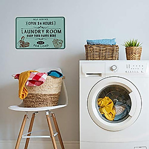 ANJOOY Retro Metal Tin Signs - Self Service Open 24 Hours Laundry Room Drop Your Pants Here 25 Per Load - Vintage Iron Sign for Commercial Home Cafes Homes Bars Funny Door Art Wall Decor 8"x12"