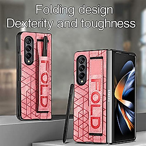 Omio Designed for Samsung Galaxy Z Fold 3 Leather Case with S Pen Holder & Strap, Wrist Strap Leather Back Cover Case Hard PC Shockproof Finger Grip Case for Galaxy Z Fold 3 Men Women Girls, Pink