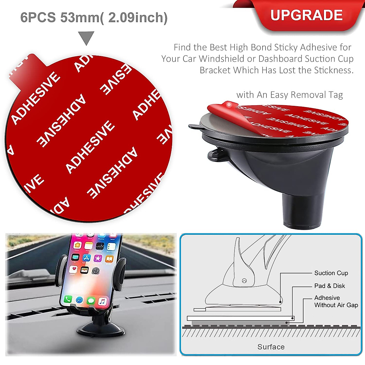 6 Pack Adhesives for Suction Cup Mount, AZXYI 53mm(2.09inch) Sticky Adhesive Replacement Kit, Compatible with Car Dashboard Pad Mounting Disk, GPS Dash Cam Suction Cup Mount and Socket Mount