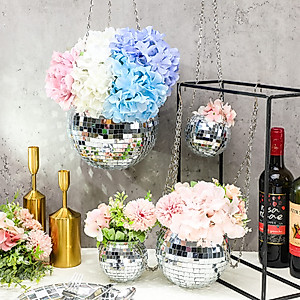 4 Set Disco Ball Planter Disco Ball Hanging Planter with Extra Long Chain Silver Disco Ball Hanger Planter Disco Ball Vase Boho Decor for Home Room Patio Decoration Gift (8", 6", 2 Pcs 4")