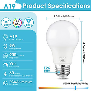 Maylaywood A19 LED Light Bulb Dimmable, 60 Watt Equivalent LED Bulbs, Daylight White 5000K, 900 Lumen, E26 Base, 9W Bright White Light Bulb, 12-Pack