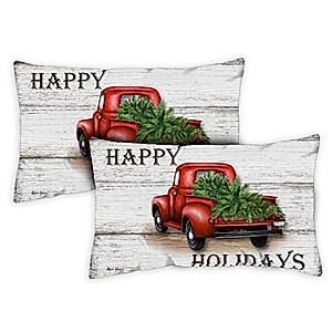Toland Home Garden Red Truck Holidays 12 x 19 Inch Indoor, Pillow, Case (2-Pack)